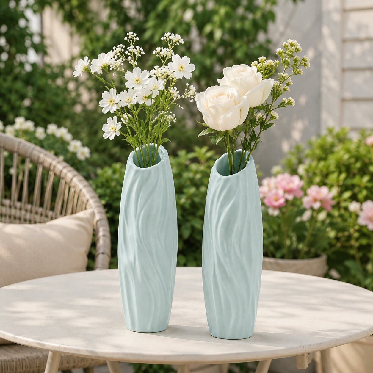 Набор из 2 пластиковых ваз с искаженной волной и текстурой завитков, косой срез, светло-голубой, современный минималистичный декор для свежих и сухих цветов, для гостиной и дома