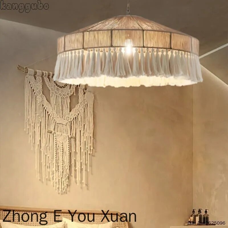 Люстра Zhong E You Xuan E27 с плетеным абажуром, теплый белый свет, 50x22 см, регулируемая высота — фото 1