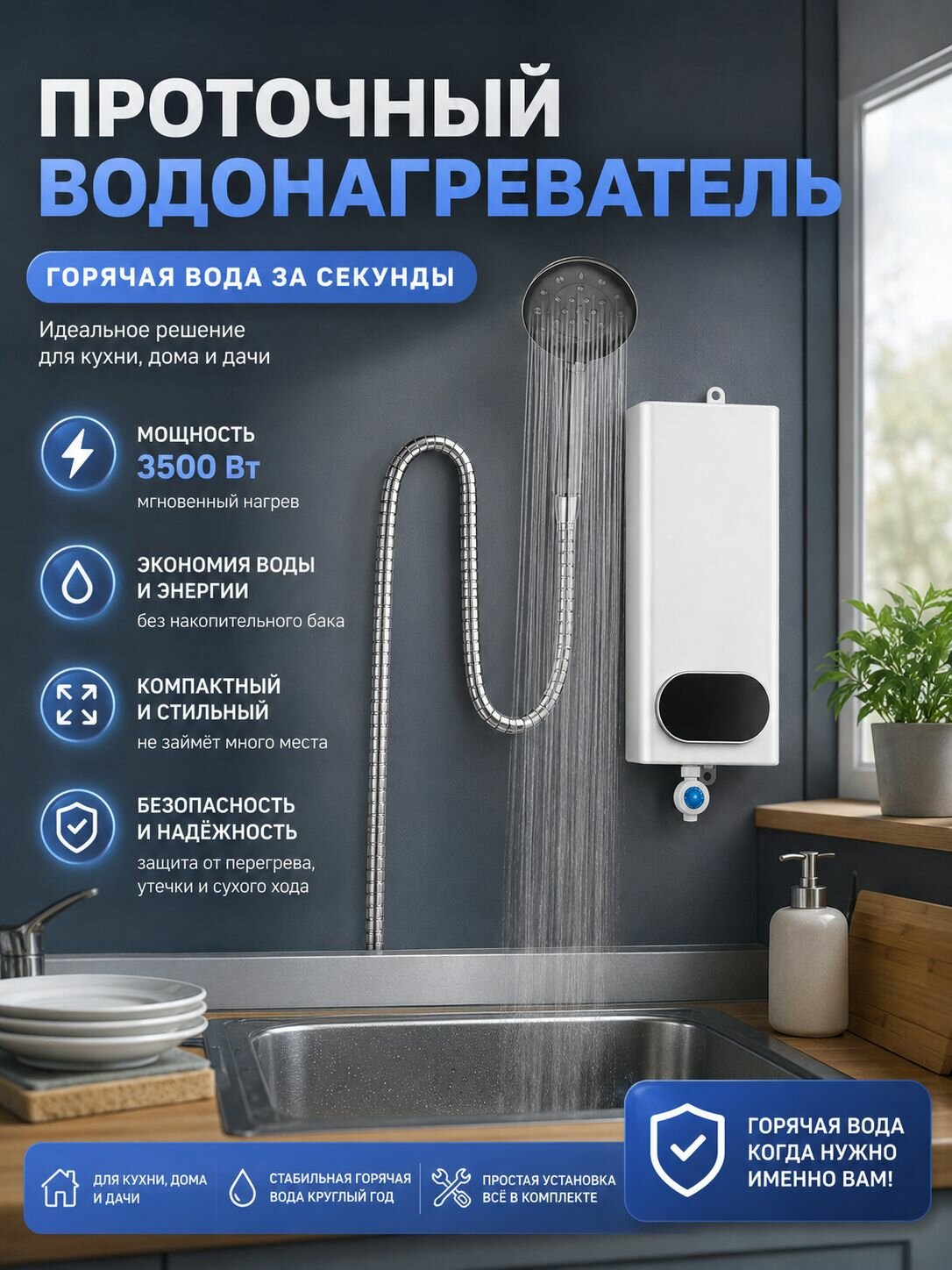 Проточный водонагреватель мощностью , электрический, подходит для душа и кухни