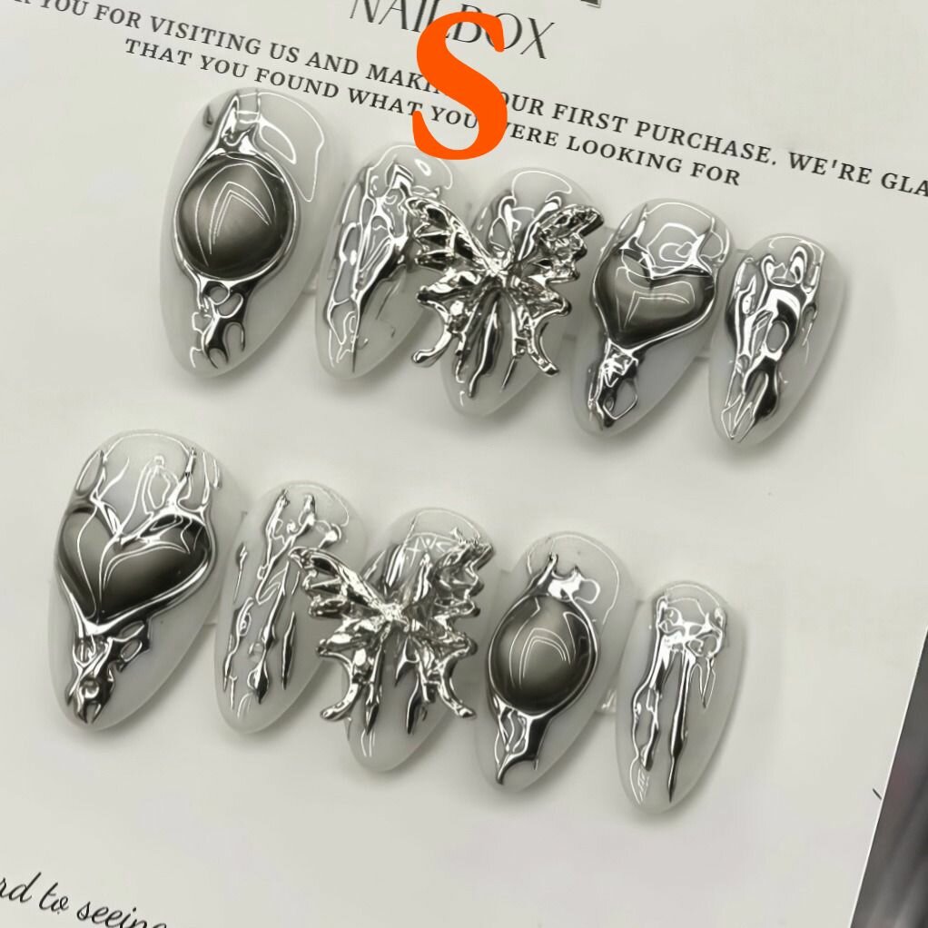 Серебряные накладные ногти 10 шт: Металлические бабочки, Y2K стиль, короткий миндаль, XS, S, M дизайн с бабочками Y2K маникюр миндальная форма