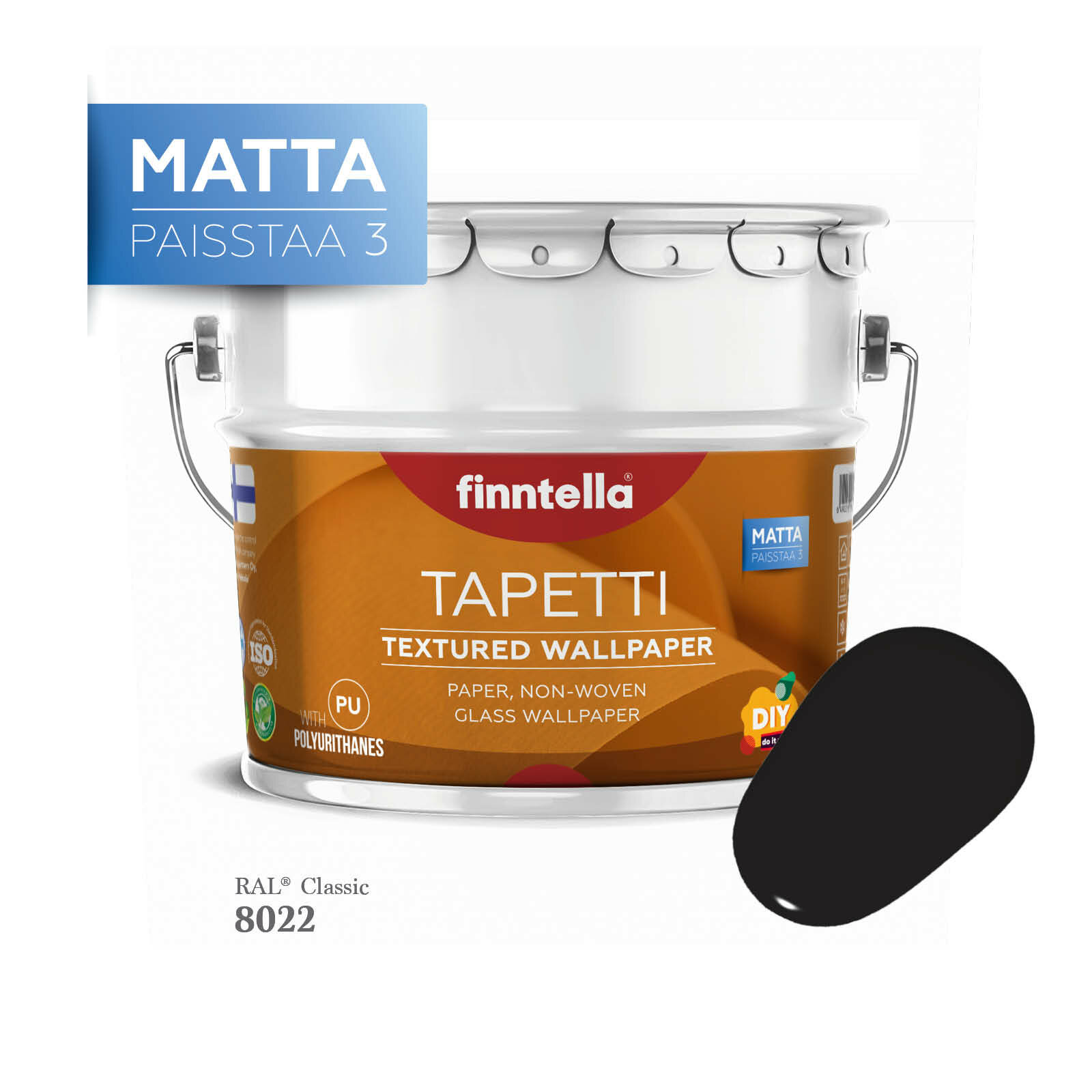 Матовая краска для обоев под окраску TAPETTI Matta FINNTELLA, Цвет RAL 8022 Черно-коричневый (Black brown), 9л