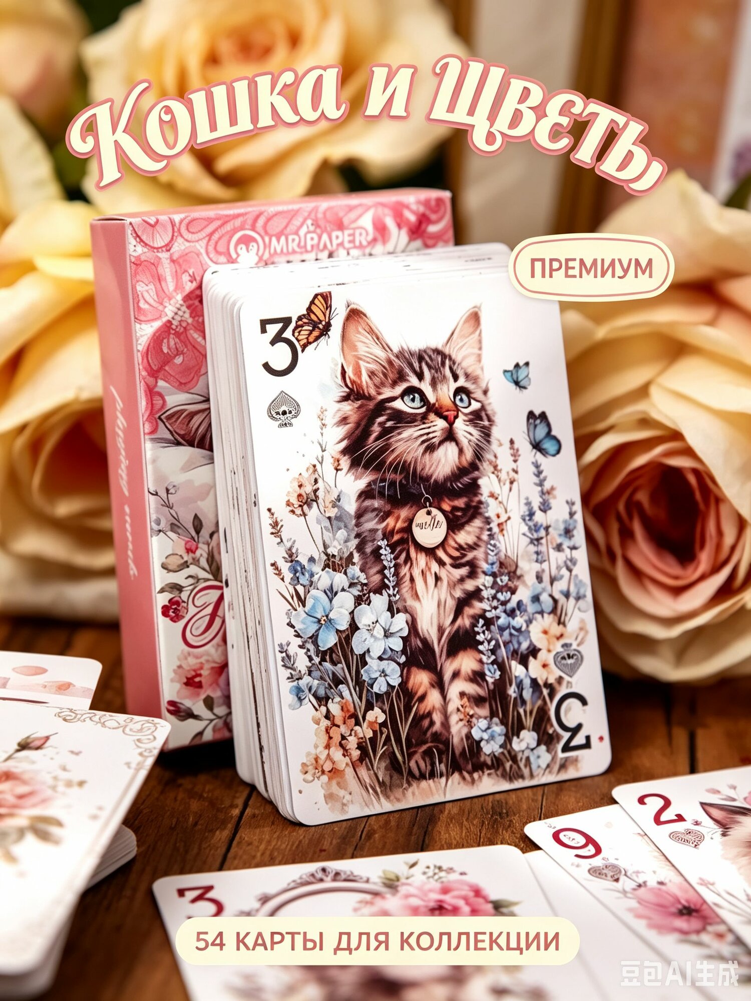 Игральные карты кошки, цветы и бабочки, 54 шт, акварель, подарок