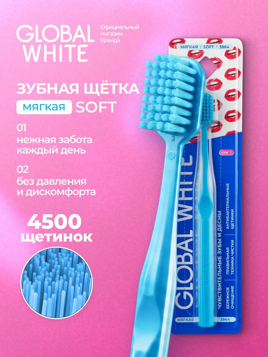 Зубная щетка Global White Gum Care, голубая, мягкая, антибактериальная