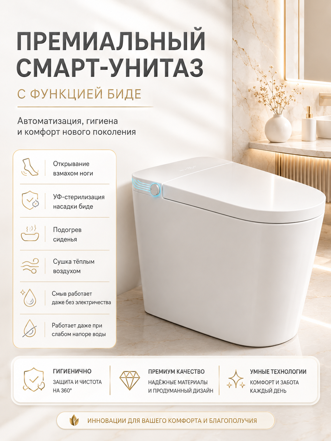 MIYANO Умный унитаз Электронный напольный унитаз для домашнего туалета и ванной с функцией биде, подогревом сиденья, УФ-очисткой, автоподнятием сиденья.