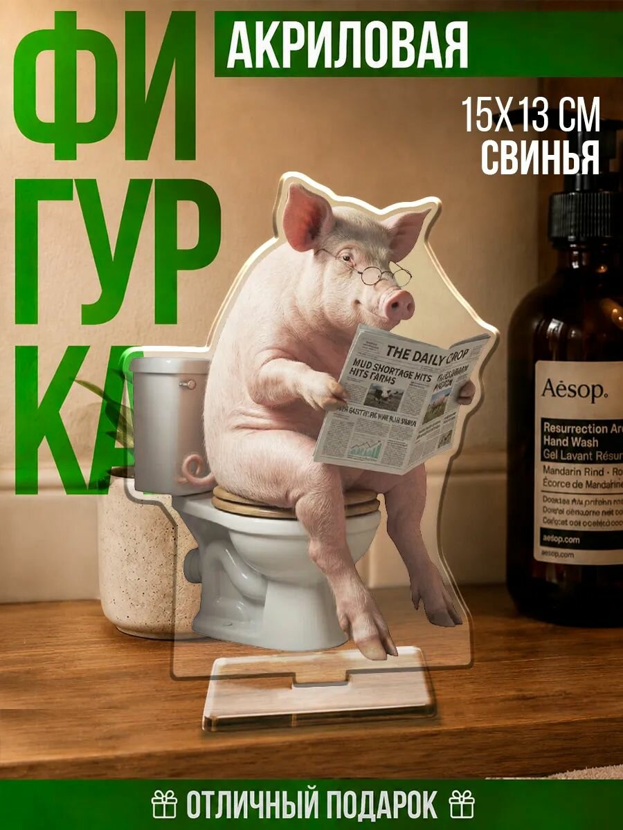 Акриловая фигурка на стол свинья на туалете