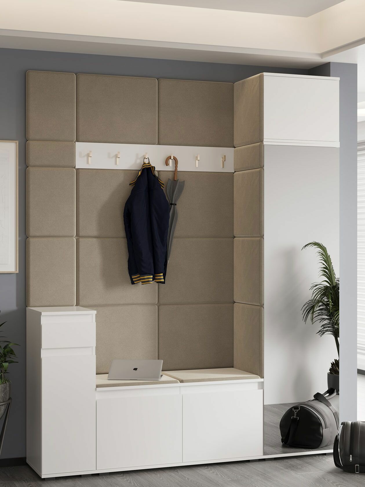Прихожая комплект Спарк Комфорт с антресолью, со шкафом, с зеркалом, с тумбами, с вешалкой, со стеновыми панелями, 180х40х225 см, Белый матовый / Бежевый, велюр / Зеркало