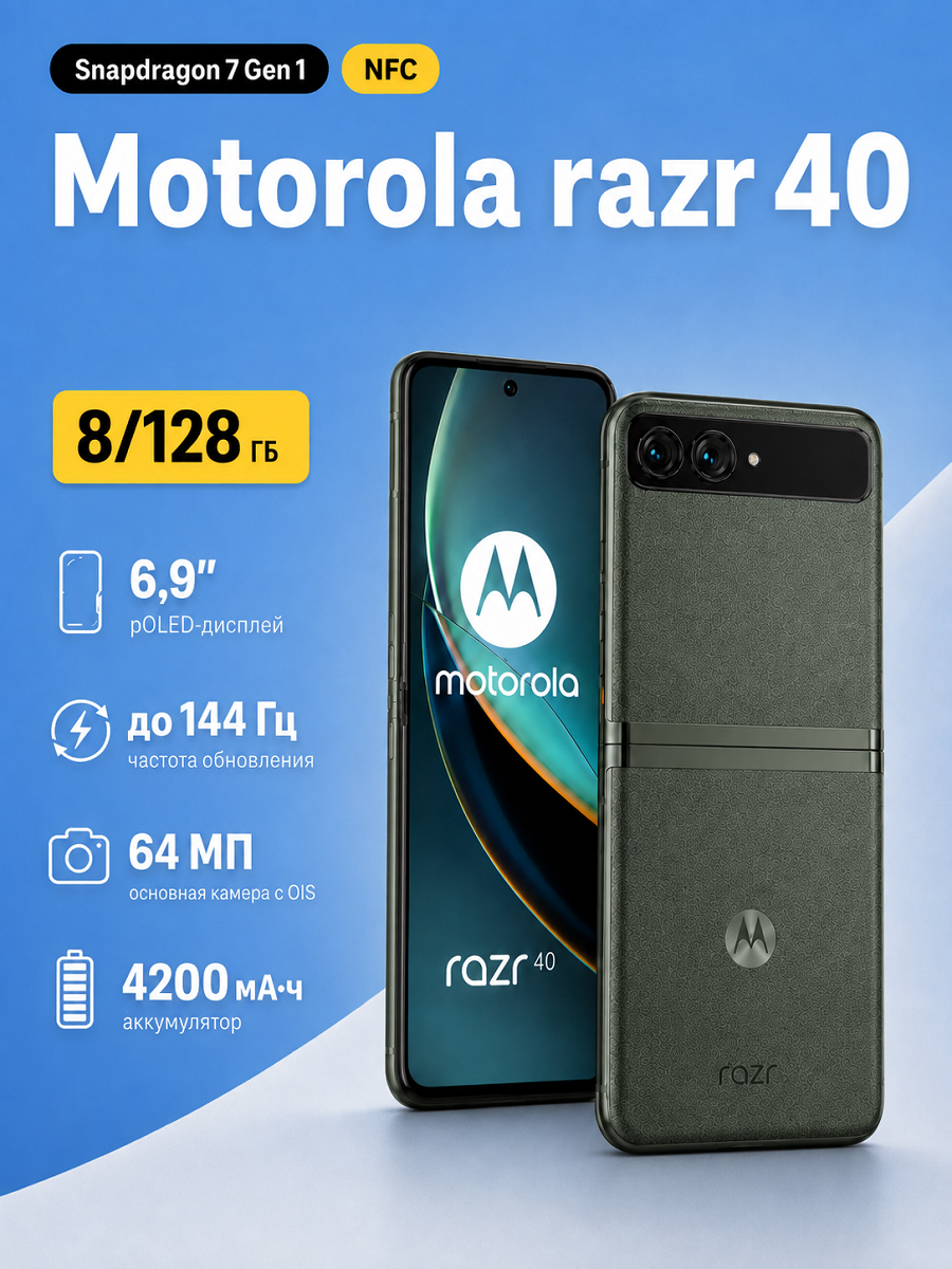 Смартфон Motorola Razr 40 5G 8/128 ГБ, зелёный Sage Green, складной, аккумулятор 4200 мАч