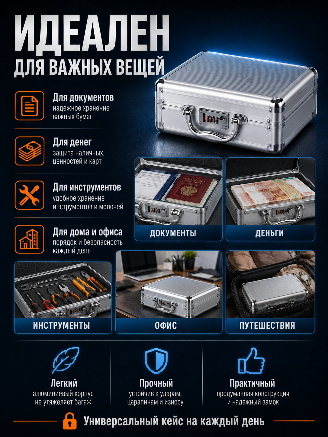 Коробка для хранения длина 29 см, ширина 21.5 см, высота 10 см 1 шт, алюминиевый сплав, серебристый