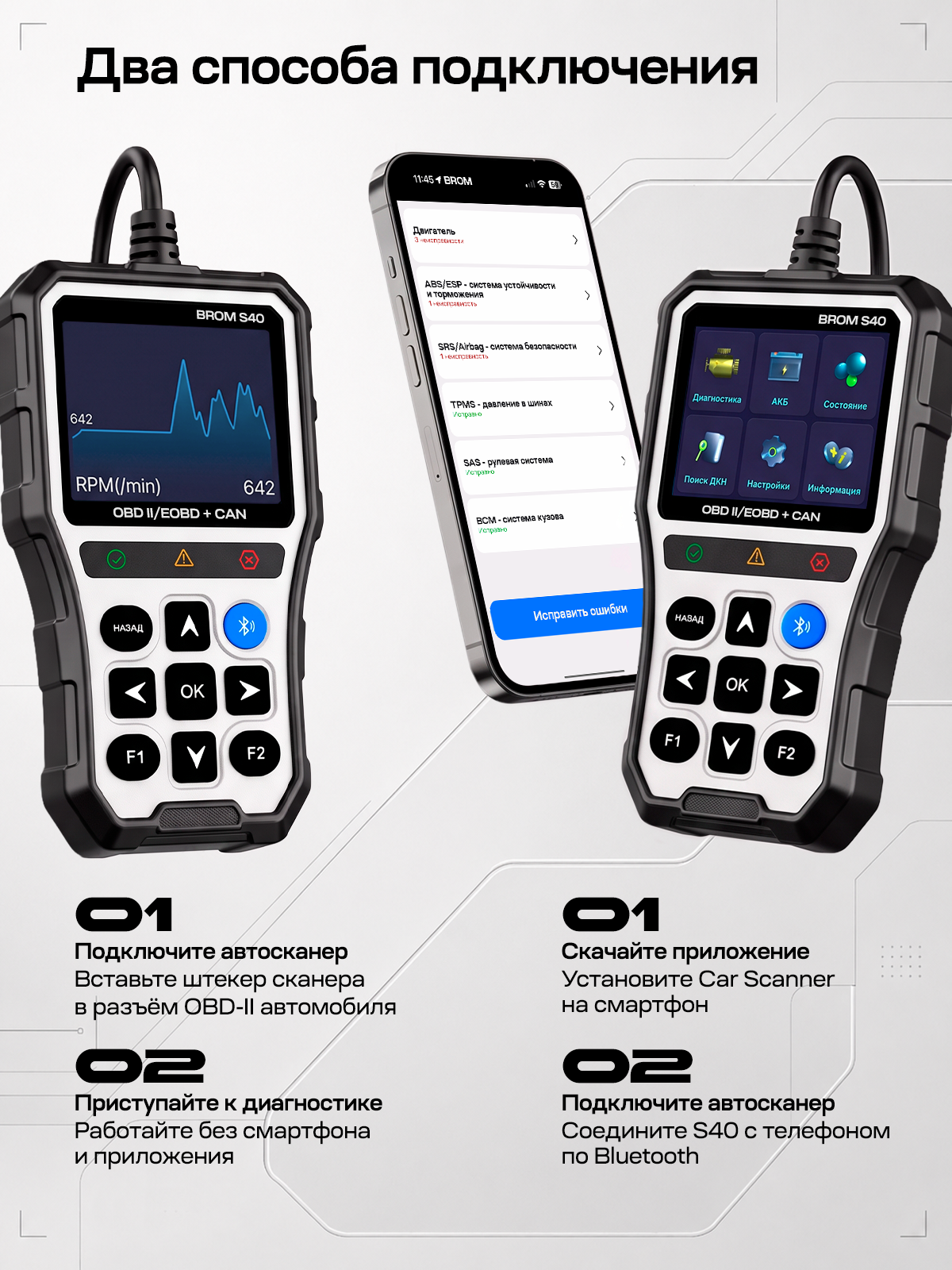 Автосканер для диагностики автомобиля BROM S40, OBD 2 сканер, диагностический сканер, мультимарочный — фото 1