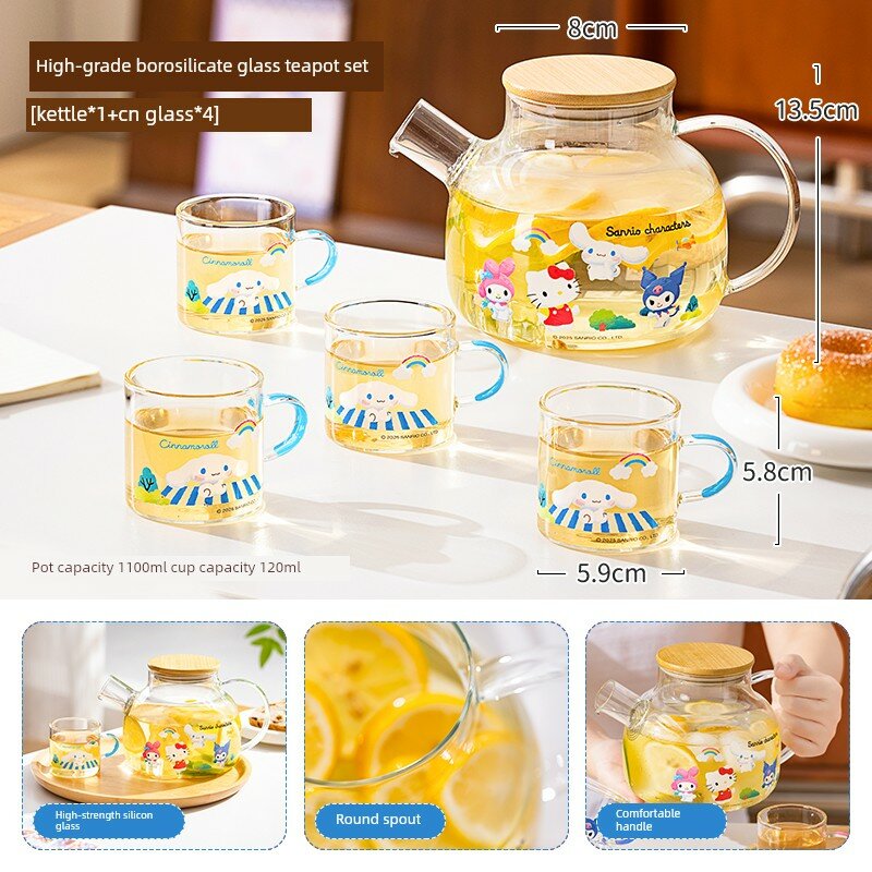 Набор Gudetama: Стеклянный водяной диспенсер с 4 чашками, 1 л, из боросиликатного стекла, для домашнего использования