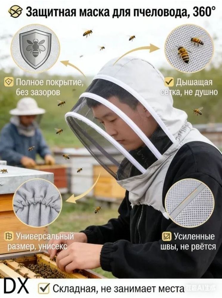 Защитная маска для пчеловода, с сеткой из нержавейки - 360 покрытие, дышащая ткань - для пасеки, сбора роя, защиты от укусов, универсальный размер, бело-серая, складная
