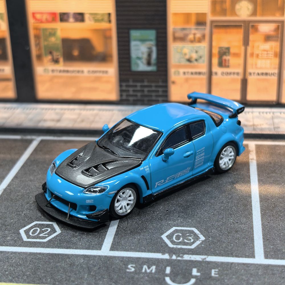 (No Packaging Box.) Коллекционная Машинка Pop Race Mazda RX7 RE Amemiya RHD Light Blue with Carbon Hood 1/64 Diecast Car Model