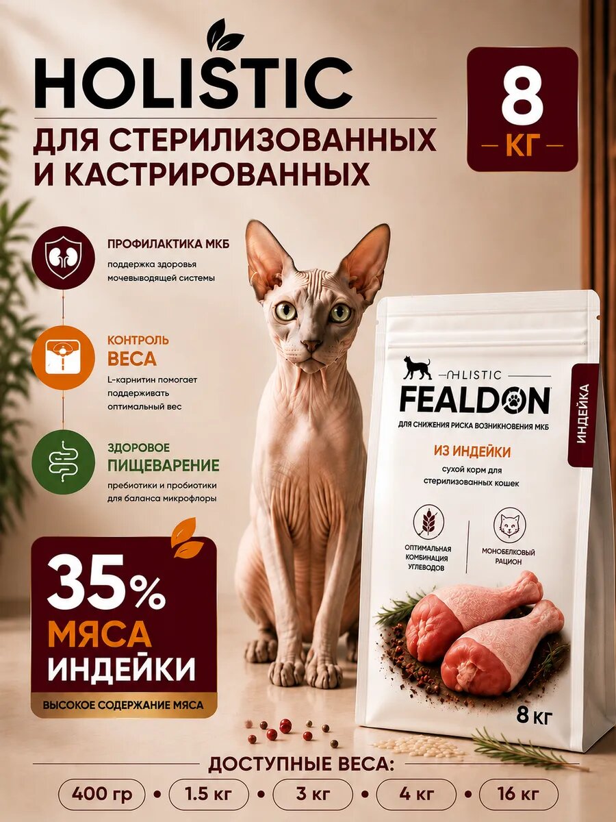 Корм сухой для стерилизованных кошек с индейкой 8 кг