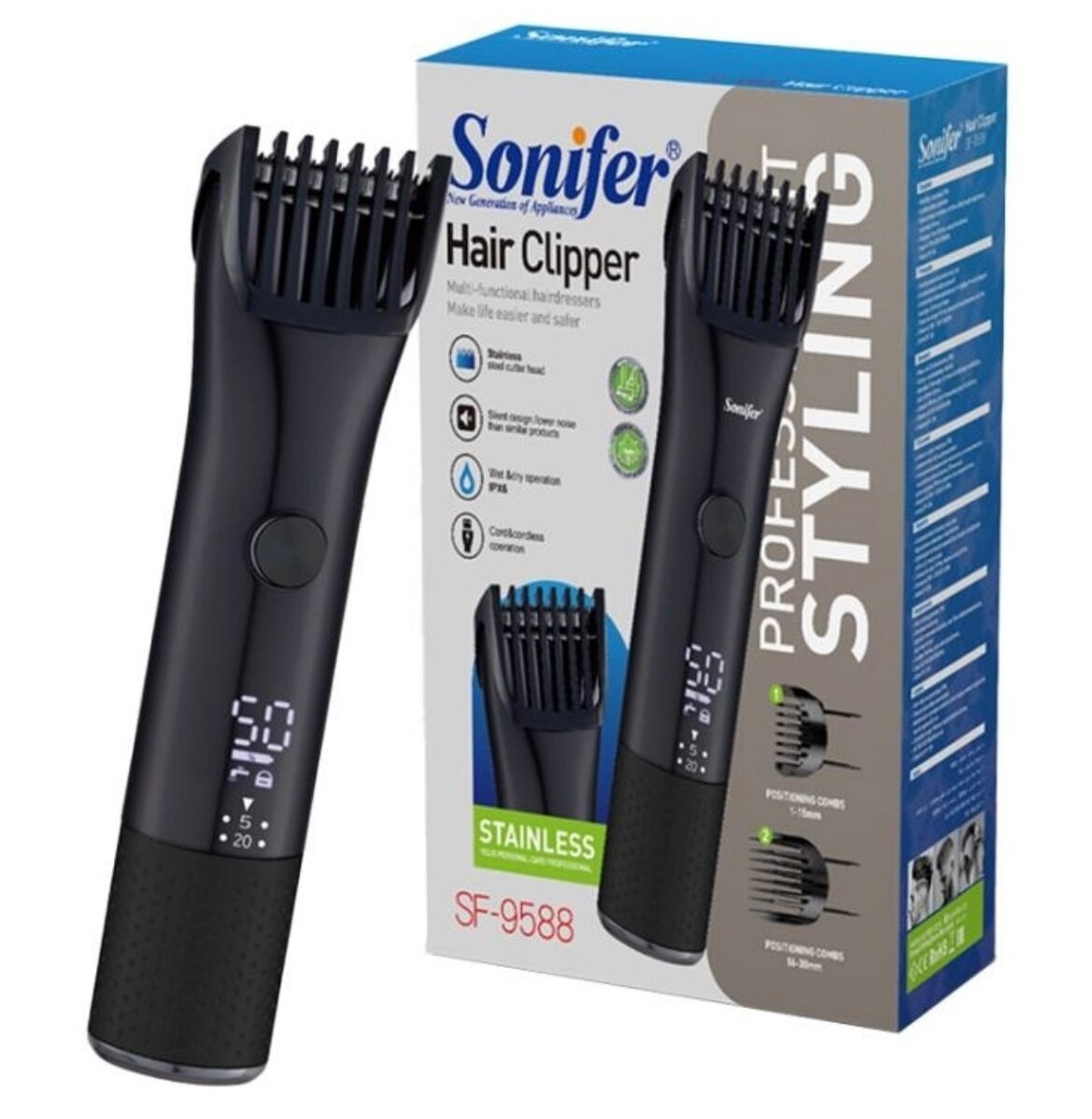 Машинка для стрижки волос Sonifer SF-9588, аккумуляторная, с LED-дисплеем