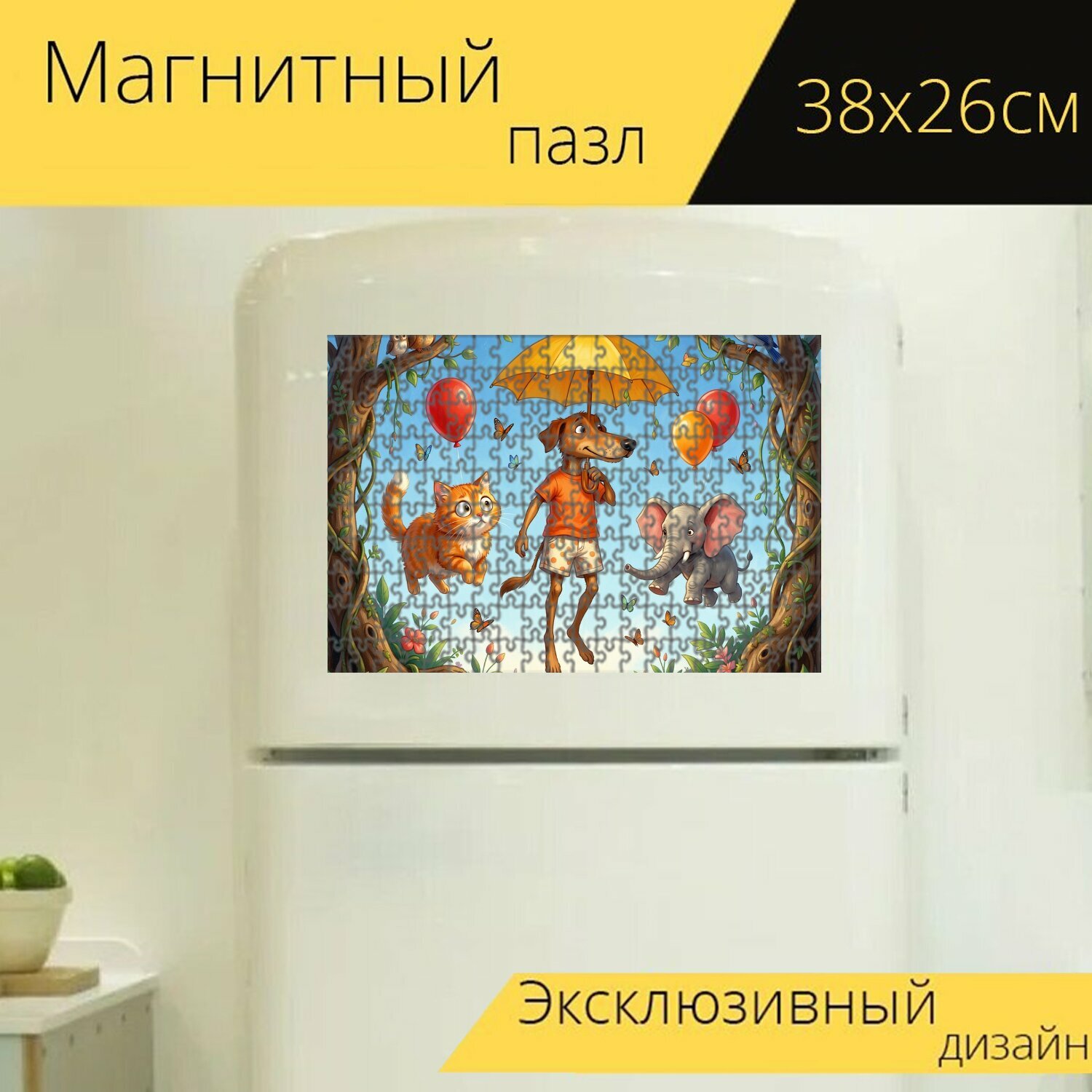 Магнитный пазл "Веселые животные с зонтом. Добрая мультяшная сцена с собакой под жёлтым зонтом, котёнком, слонёнком, птицами, бабочками и шариками. Яркие." для интерьера, 38х26 см.