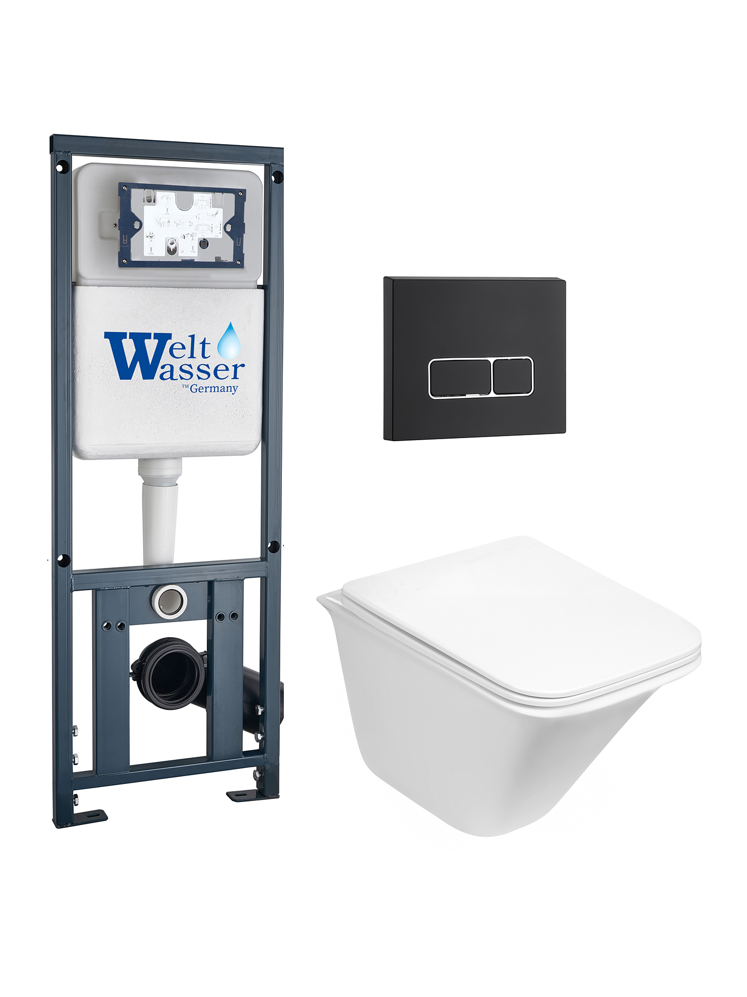Комплект 3 в 1 Унитаз подвесной WeltWasser ROTBACH 004 GL-WT безободковый+Инсталляция MARBERG 410 с кнопкой MAR 410 SE MT-BL черная матовая