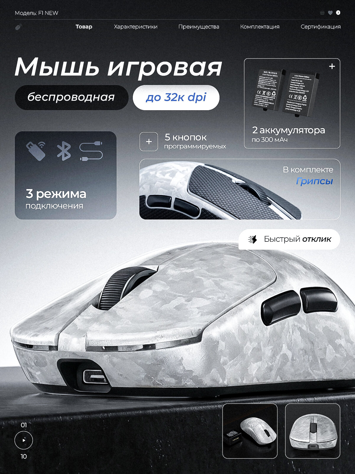 Мышь беспроводная игровая для ноутбука / Мышка беспроводная игровая для компьютера bluetooth 5.0 + 2.4G Furycube