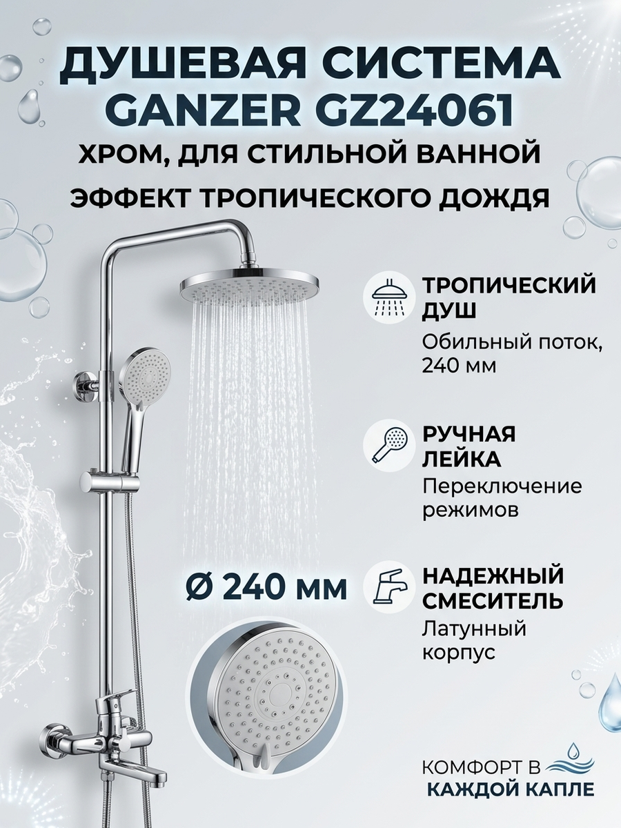 Душевая система из латуни для ванны и душа с тропическим душем GZ24061 от бренда Ganzer
