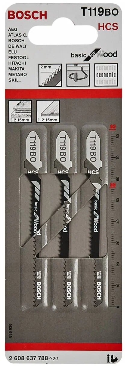 Пилка для лобзика Bosch T119ВО HCS Basic for Wood по дереву 2-15мм 3 штуки 2608637788