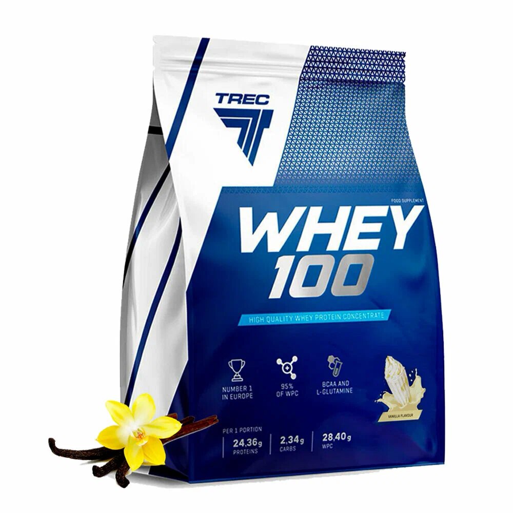 Trec Nutrition WHEY 100 900 гр Ваниль. Для восстановления и роста мышц. Произведено в Европе