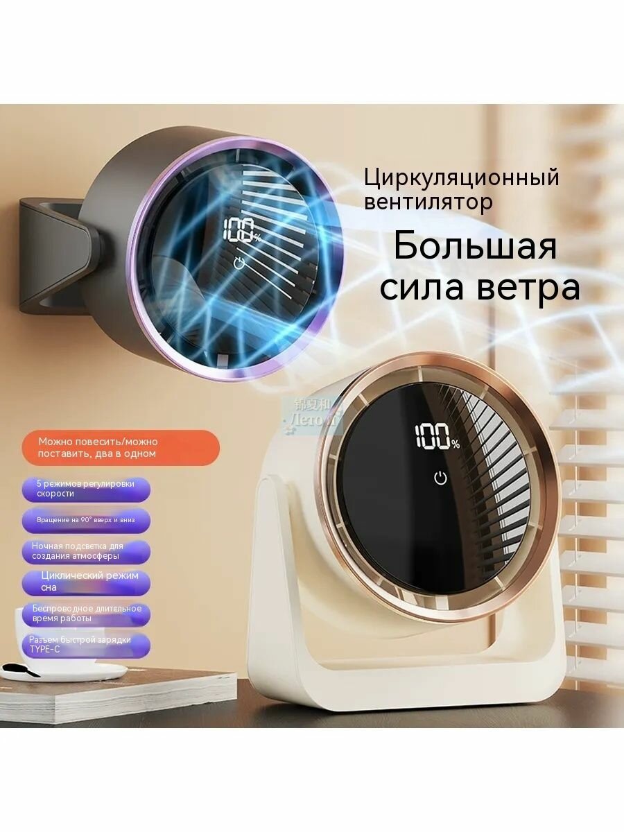 Циркуляционный вентилятор настольный и настенный с сенсорным дисплеем и аккумулятором