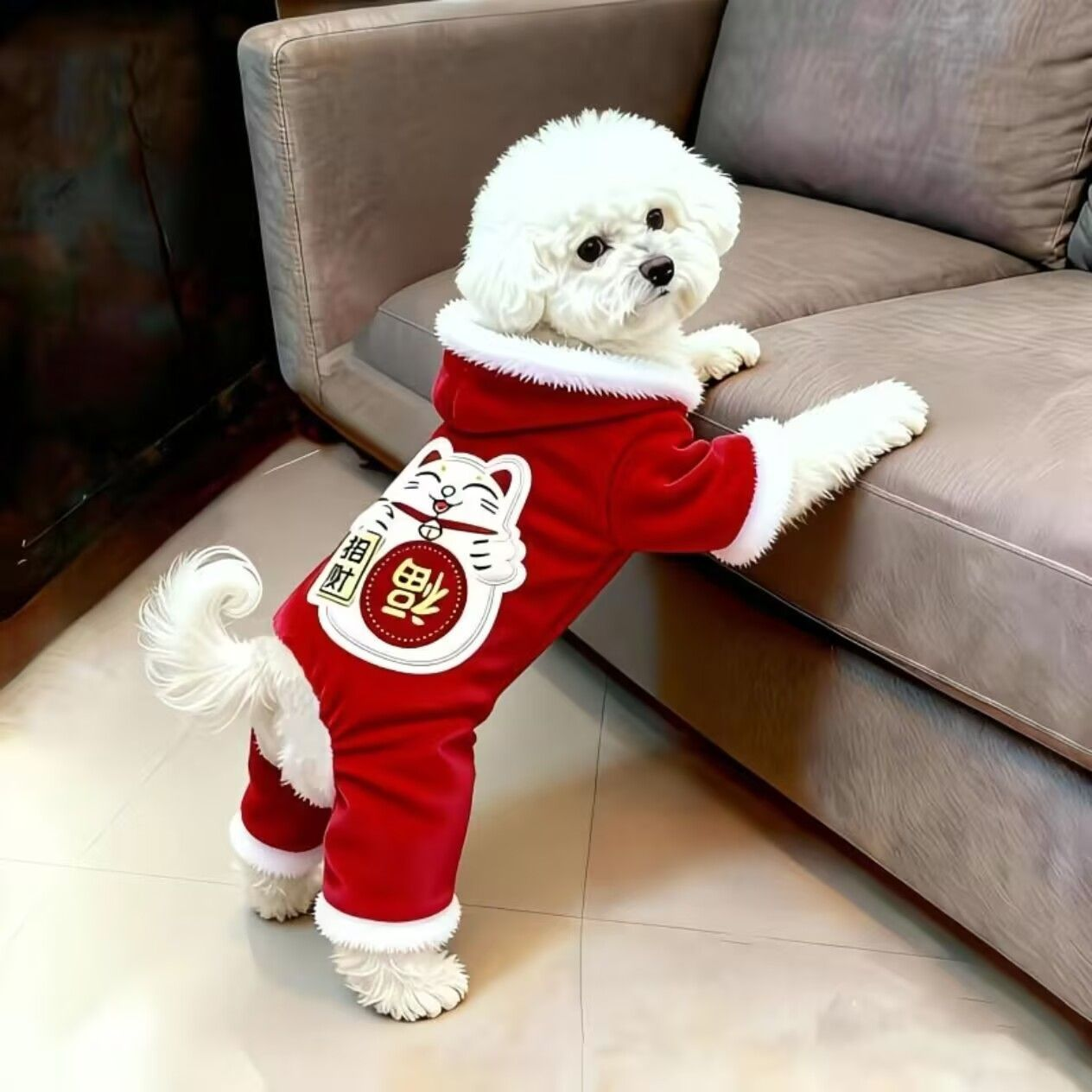 Lucky Cat Четырехногая одежда для питомцев, стиль 'Новый год красный', размер L, рекомендуемый вес 7-10 фунтов