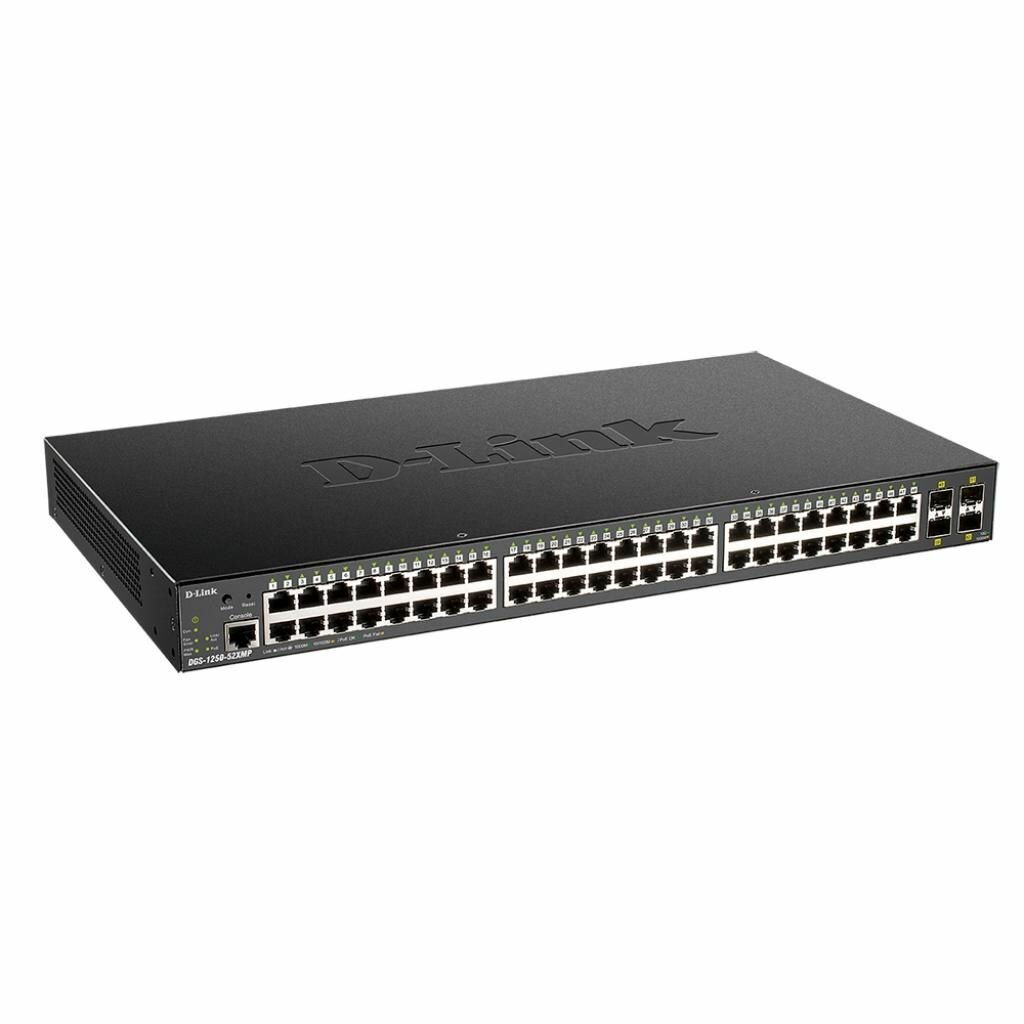 D-Link DGS-1250-52XMP/A1A Коммутатор , L2 Smart Switch with 48 10/100/1000Base-T ports and 4 10GBase-X SFP+ ports (48 PoE ports 802.3af/802.3at (30 W), PoE Budget 370W).16K Mac address, 802.3x Flow Control, 4K