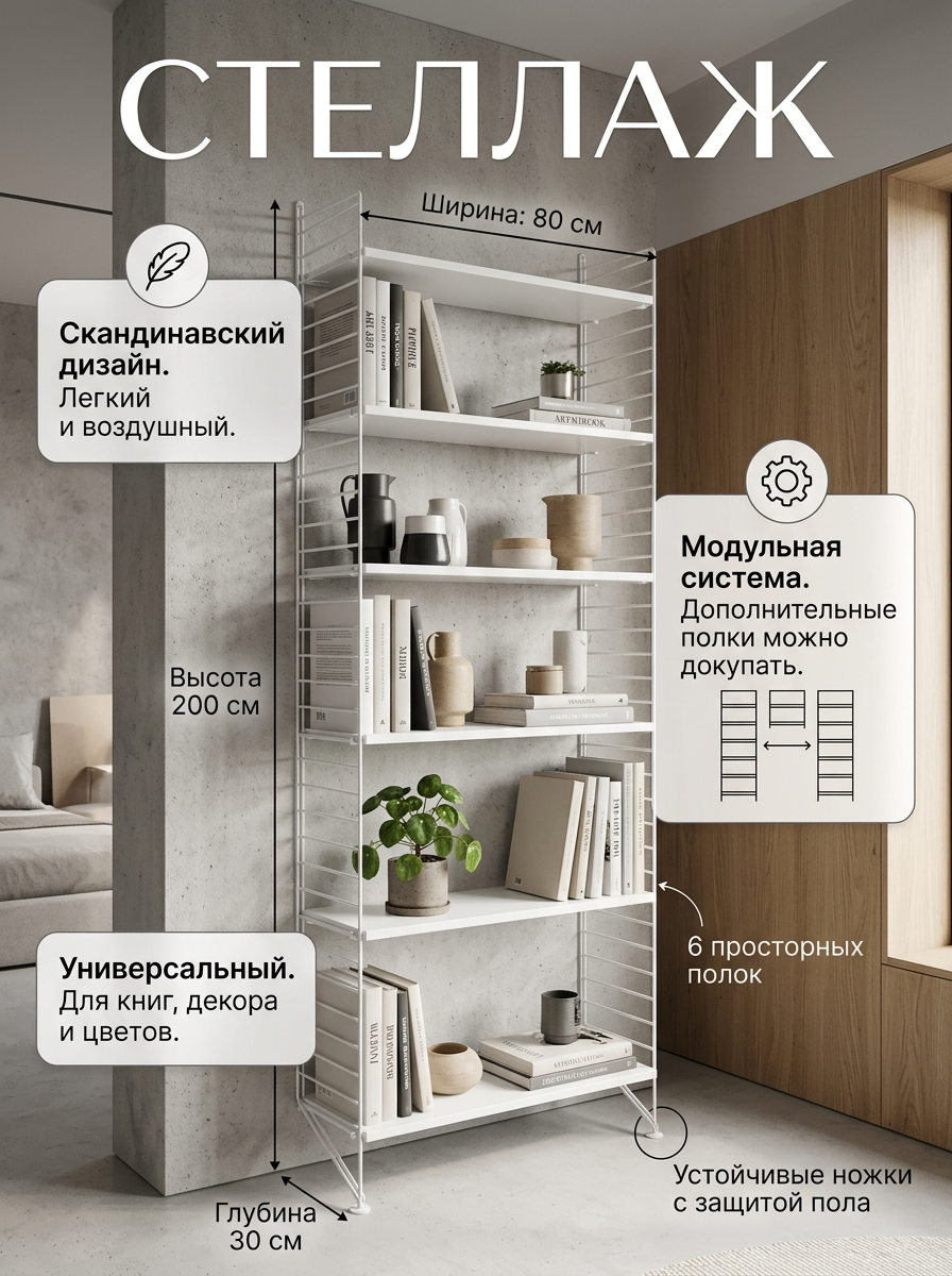 Стеллаж универсальный модульный с полками для хранения, крепление к стене 200х80х30 белый