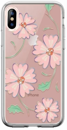 Чехол Devia для iPhone Xs, iPhone X Blossom Crystal Series Case, прозрачный с розовыми цветками
