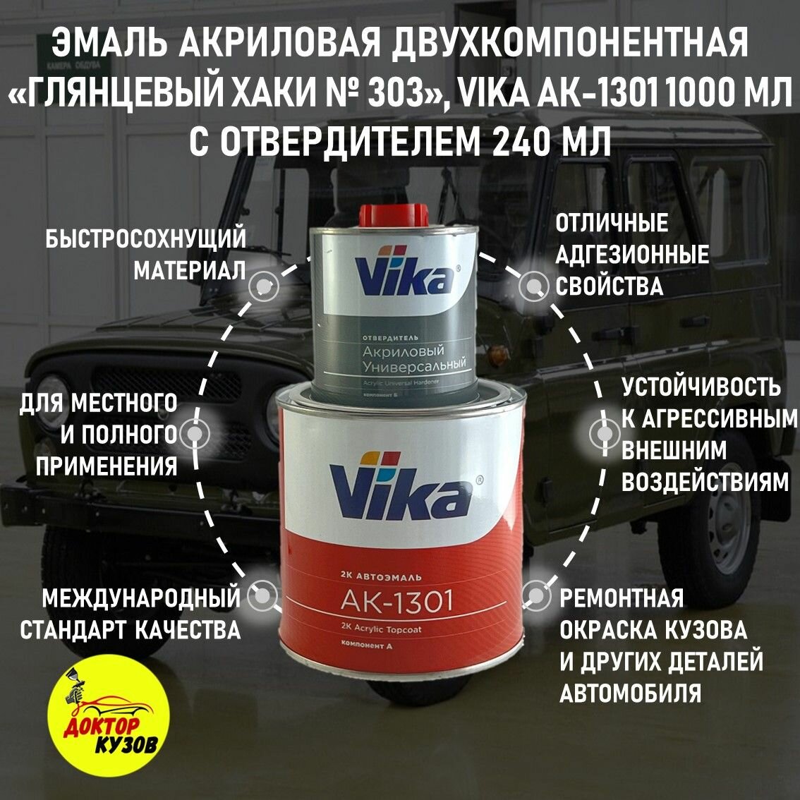 Эмаль акриловая Vika АК-1301 2К, глянцевый хаки 303, 0.85 кг, с отвердителем 1301, 0.212 кг