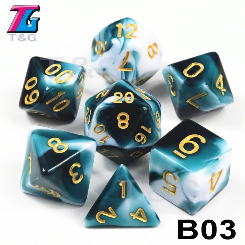 Набор кубиков для D&D, 7 шт, акрил, голубой B03