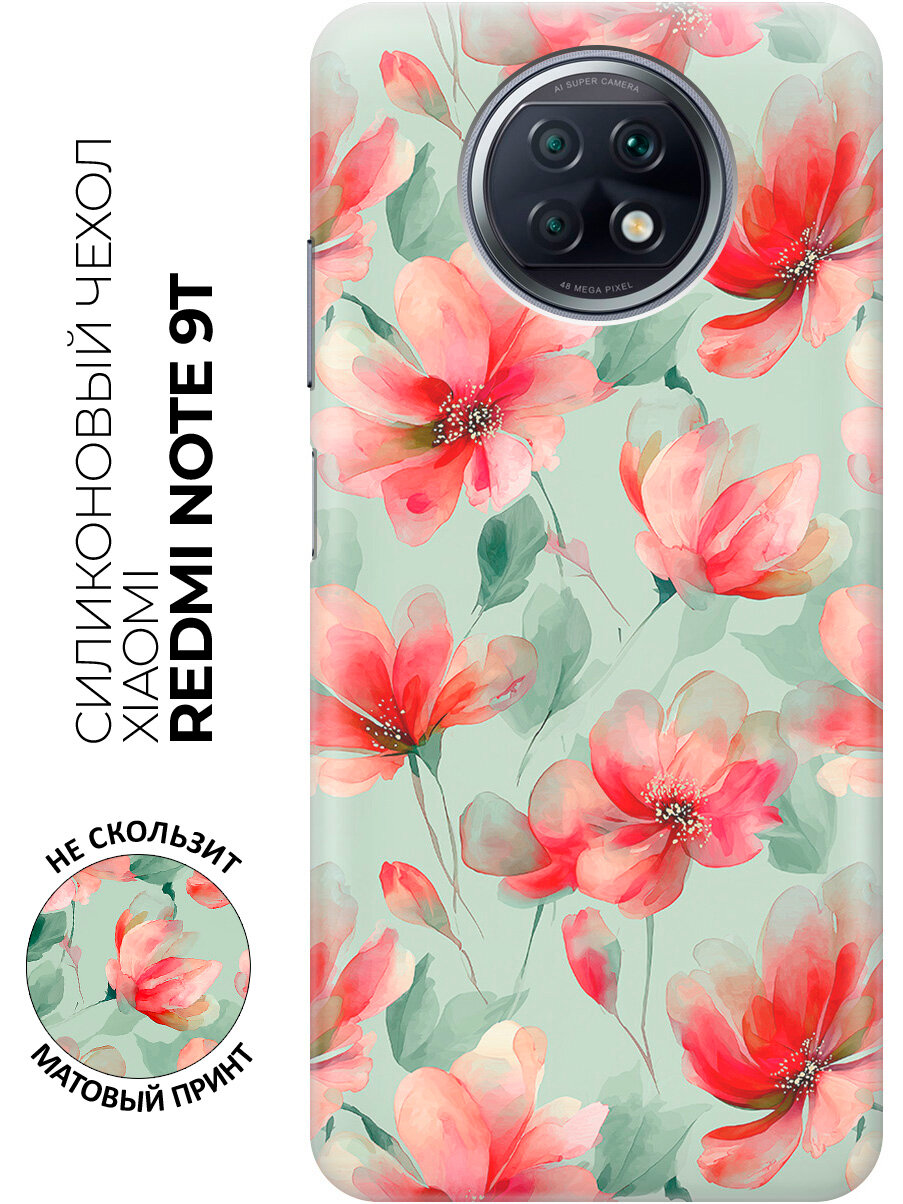 Силиконовый чехол на Xiaomi Redmi Note 9T с принтом "Акварель красных цветов"