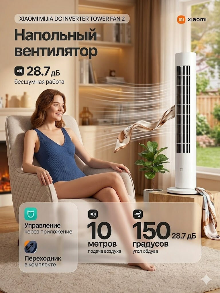 Напольный вентилятор Xiaomi Mijia DC Inverter Tower Fan 2 CN, белый (BPTS02DM)+переходник в подарок!