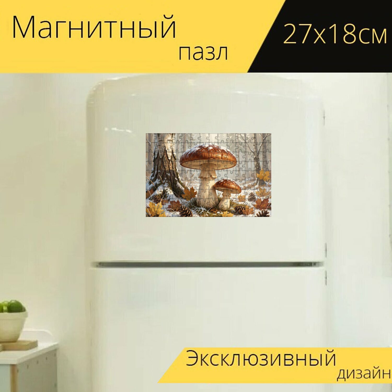 Магнитный пазл "Осенние грибы в лесу. Сказочная лесная сцена с крупными боровиками среди снежного покрова, берёз и кленовой листвы. Тёплые коричневые." на холодильник 27 x 18 см.