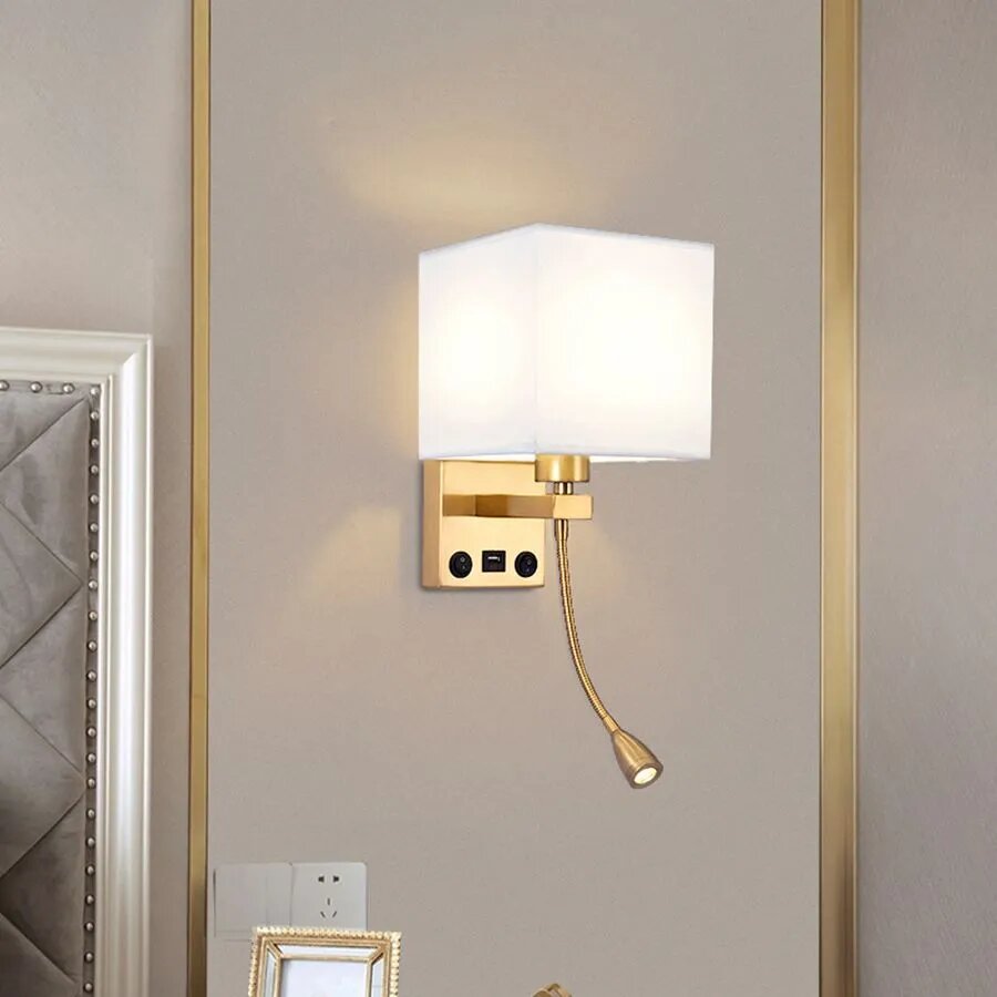 Настенный светильник с USB, E27, золотой, черный, белый, металл, текстиль