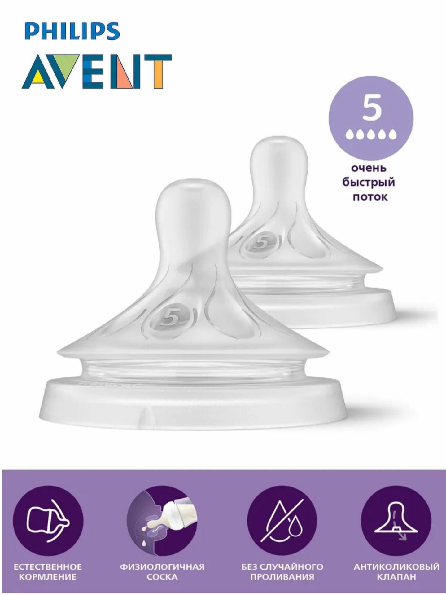 Соска силиконовая для бутылочек Philips Avent Natural Response SCY965/02 с очень быстрым потоком, 2 шт для новорожденных