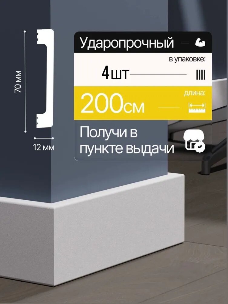 Плинтус напольный GPD7- 4шт 2 метра GLANZEPOL дюрополимер, загрунтован, ударопрочный