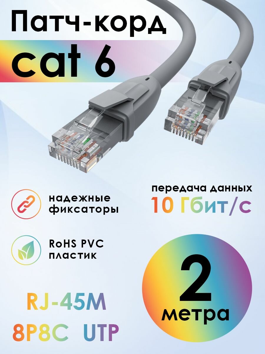 Патч корд 2м KAT.6 4ПХ LAN кабель для подключения интернета 10 Гбит/с серый