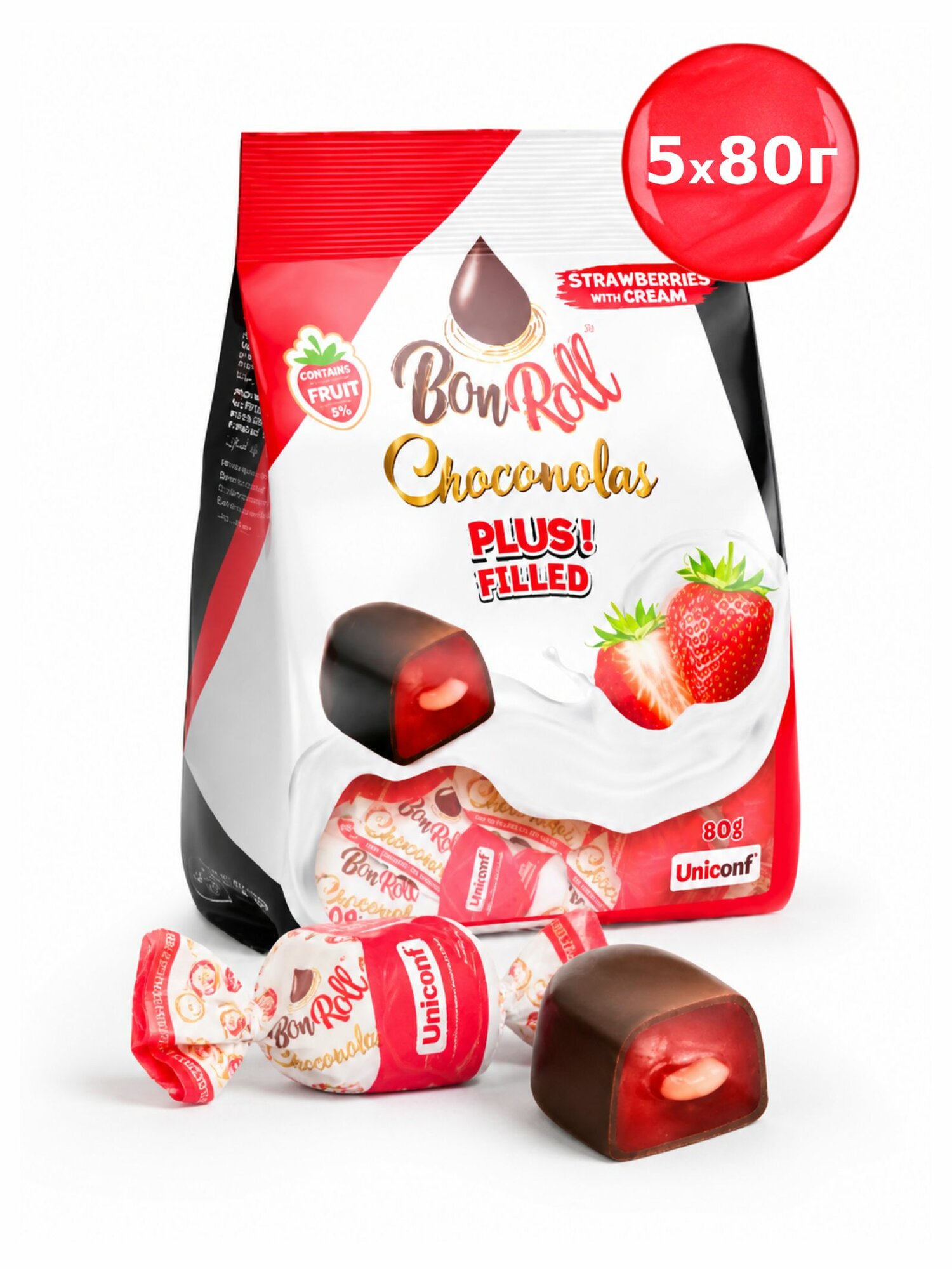 Конфеты Bon Roll желейные в темном шоколаде со вкусом клубники со сливками, 80 г х 5 шт