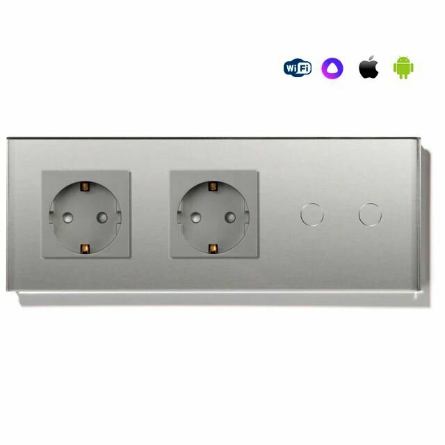Сенсорный выключатель WiFi 2 розетки 2 клавиши 3 поста (2EU+2G) стекло 228х86мм цвет серый