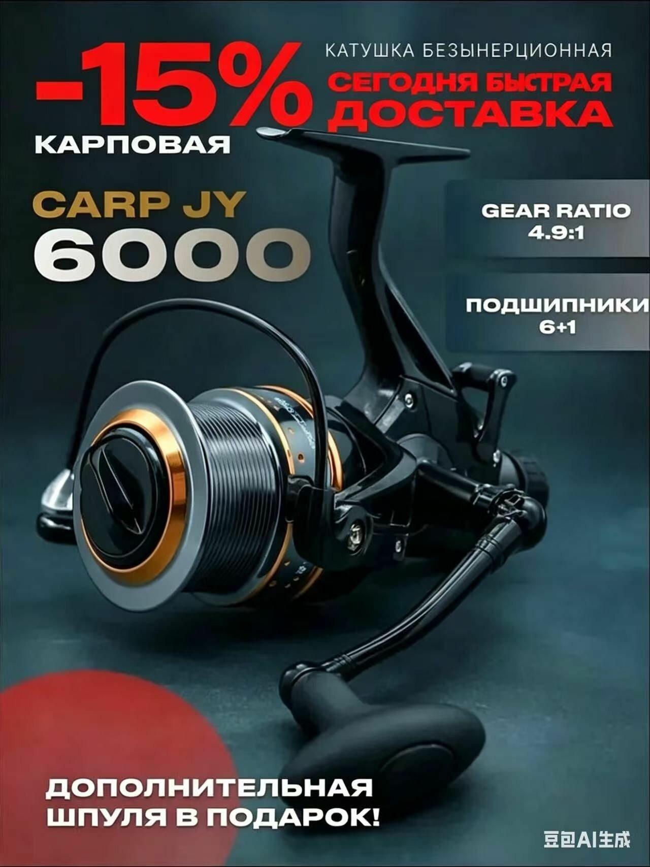 Катушка карповая безынерционная CARP JY 6000, 6+1 подшипников, с дополнительной шпулей, для рыбалки