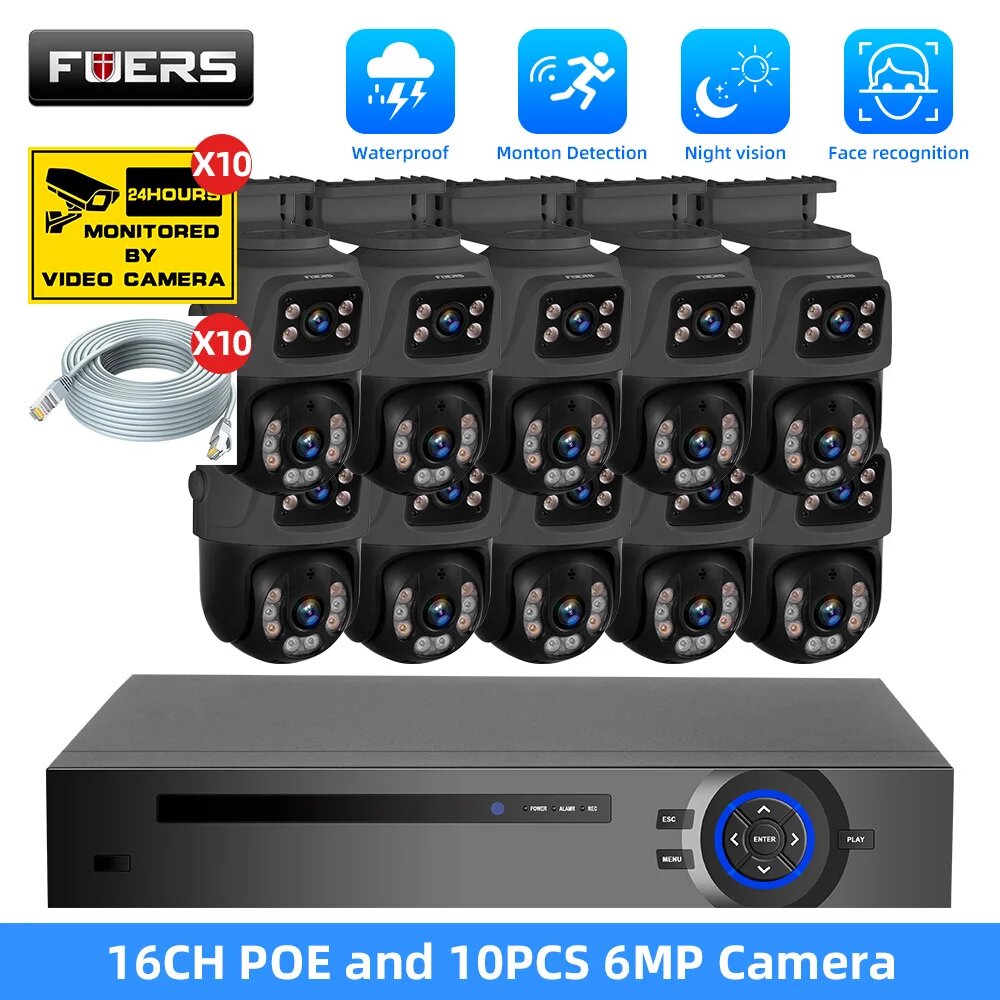 Система видеонаблюдения FUERS 16CH Poe 6MP Камера для видеонаблюдения Набор камер безопасности PTZ-камера Камера для улицы Двусторонний звук Полноцветная ночь