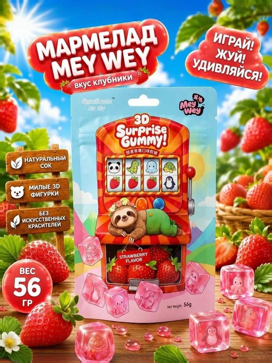 Жевательный мармелад Mey Wey 3D Surprise со вкусом Клубники 56г