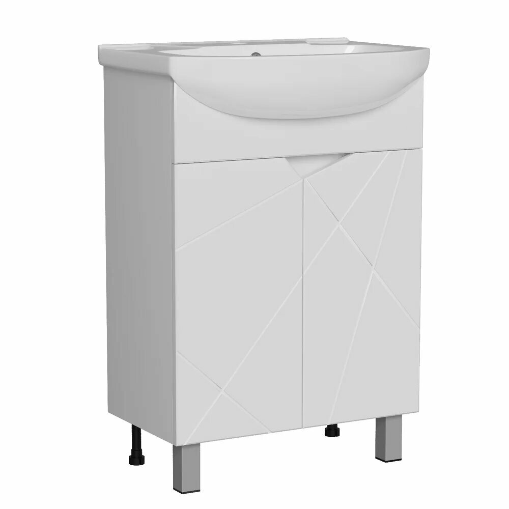 Тумба с раковиной Mixline Грани 60 напольная, 60 см, белая, глянцевая, из МДФ, с дверками, раковина для ванной, фаянсовая, полукруглая, встроенный слив-перелив