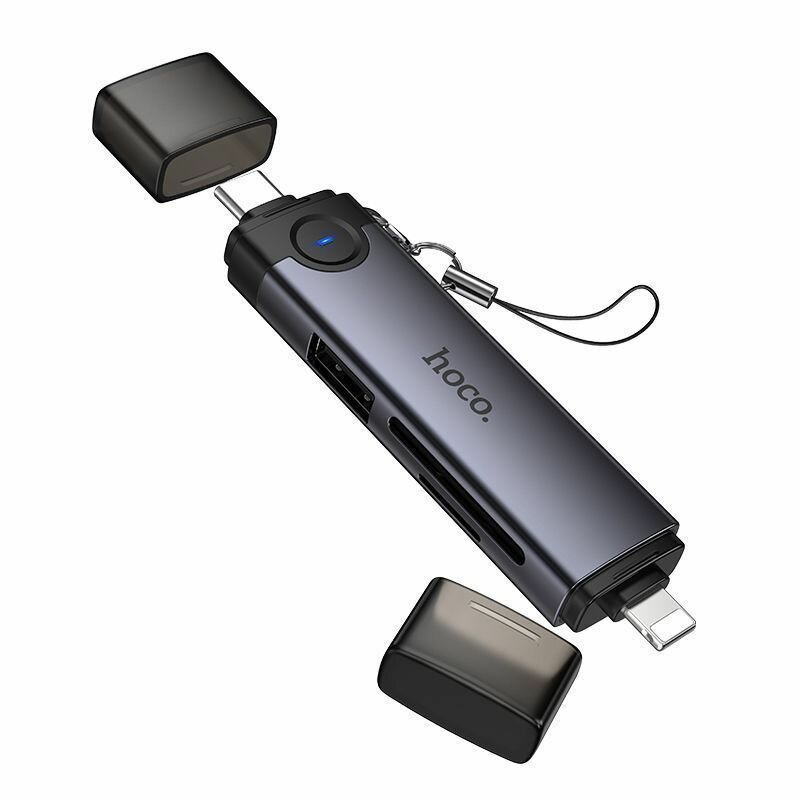 Картридер Hoco HB56B Victory OTG 2-in-3, Type-C/Lightning to USB2.0/SD/TF, 480 Mbps/5 Gbps, Алюминий, Metal Grey