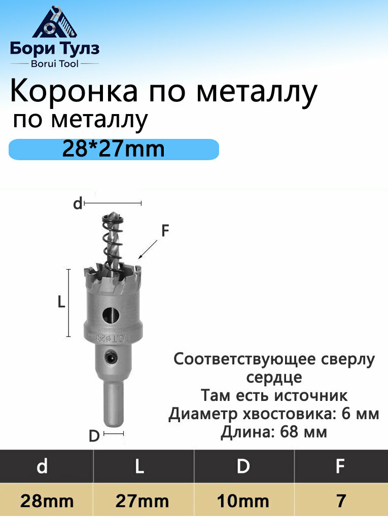 Коронка (корончатое сверло) по металлу 28 мм, твердосплавная, с центрирующим сверлом, хвостовик 10mm (трехгранный)