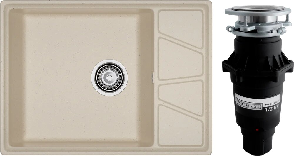 Комплект Мойка GranFest Vertex V-680L 68x50, кашемир, искусственный мрамор / Измельчитель Bone Crusher BC 810-SL Slim Line электрический, нержавеющая сталь