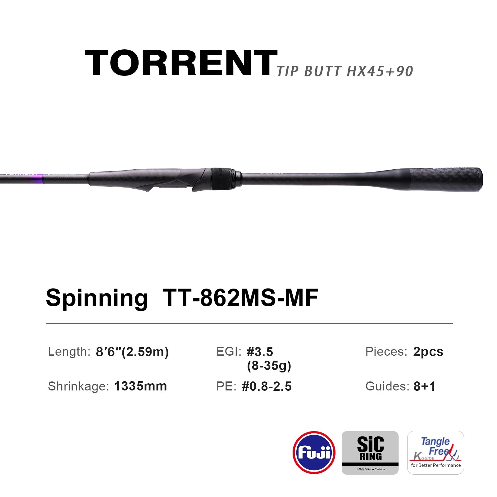 Удочка спиннинговая TORRENT TT-862MS 2.59м, 8+1, #3.6 (8-35g)