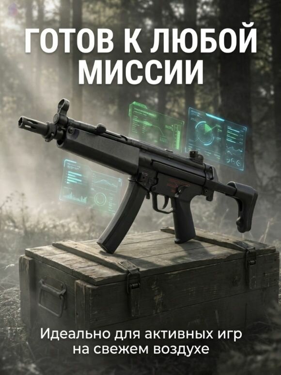 Автоматическая винтовка с гусеницей H&K MP5 из нейлона черного цветаАвтомат - Пулемет MP5 A3 орбибольный с коллиматорным прицелом, натуральный размер