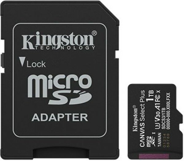 Карта памяти MicroSDXC 1Tb Kingston SDCS3/1TB 150Mb/s Canvas Select Plus Gen3 A1 U3, с адаптером